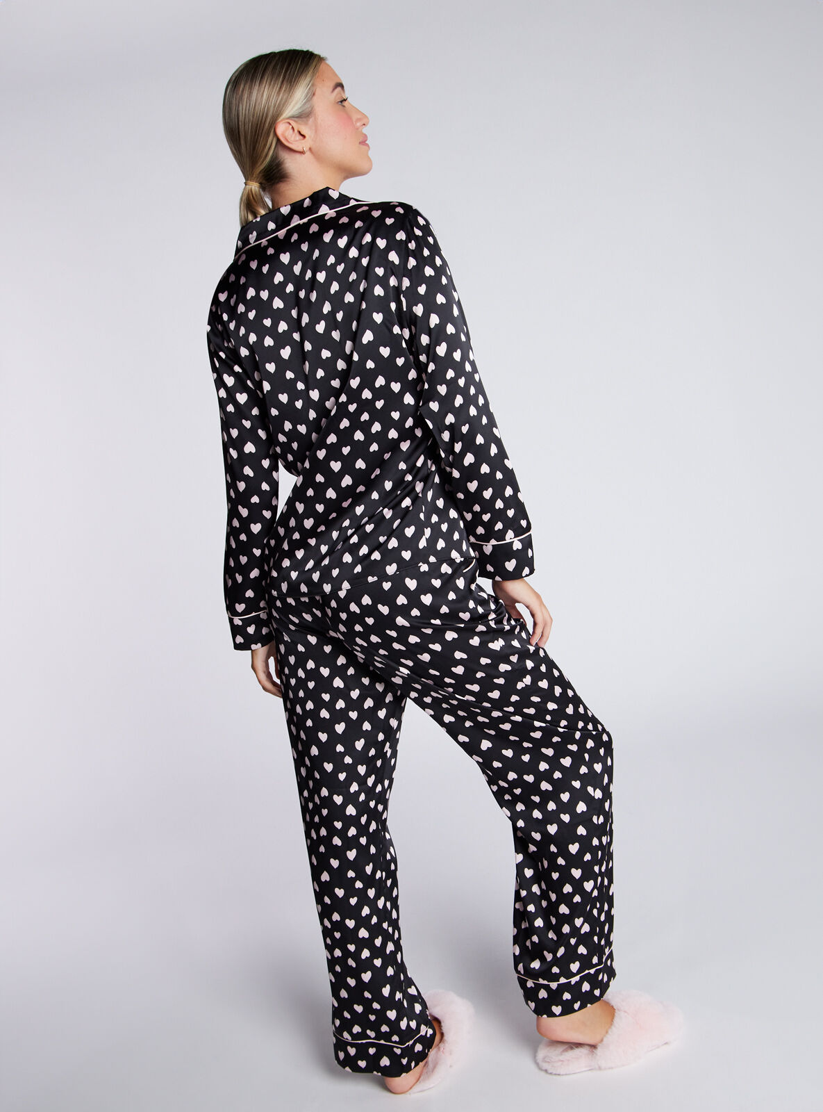 Luxe satin heart pyjama set | Black Mix | Boux Avenue UK