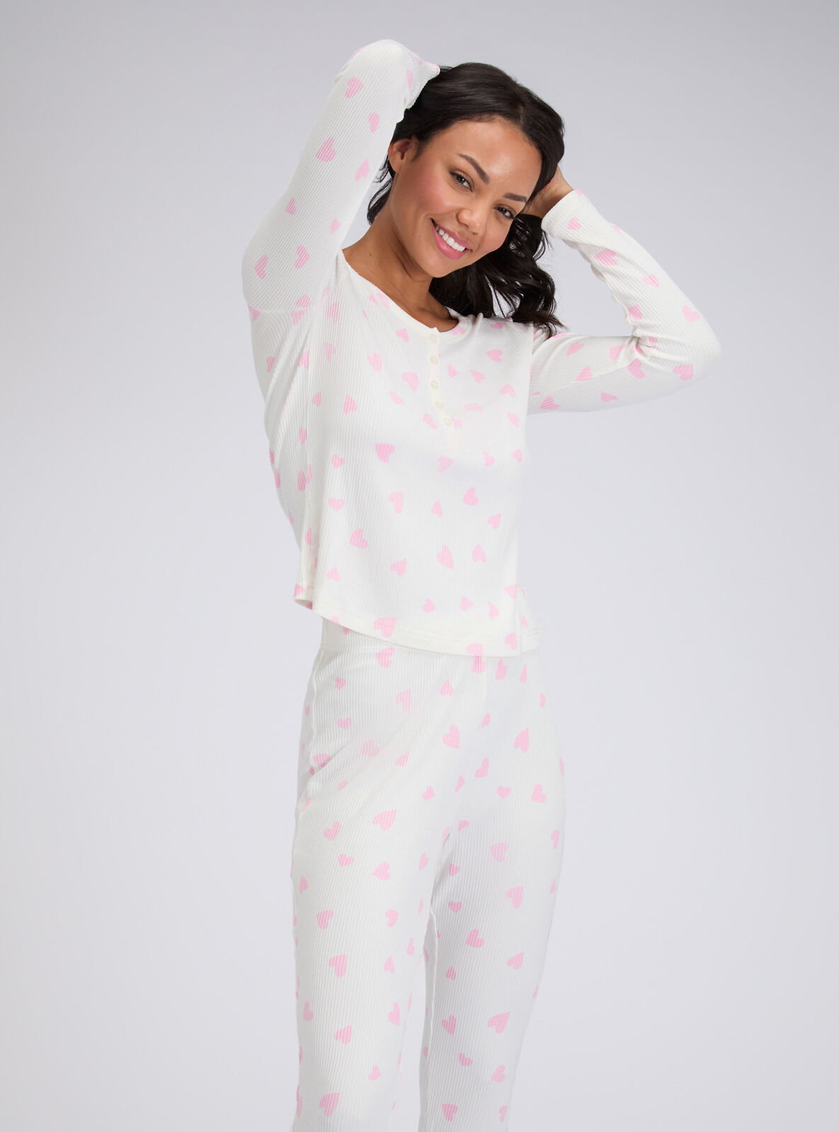 Ribbed heart henley pyjama set | Ivory Mix | Boux Avenue UK