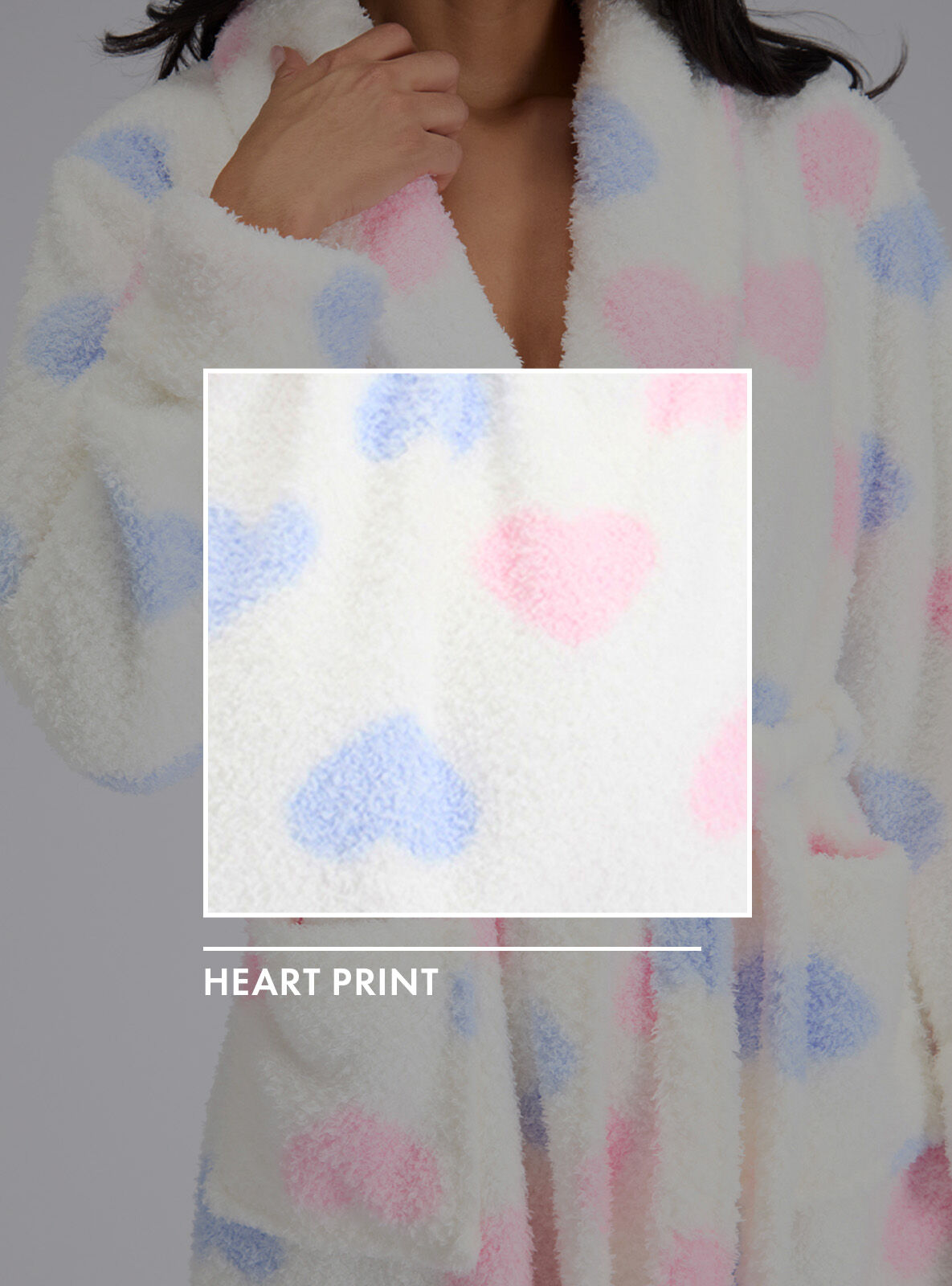 Fluffy boucle heart midi dressing gown | Ivory Mix | Boux Avenue UK