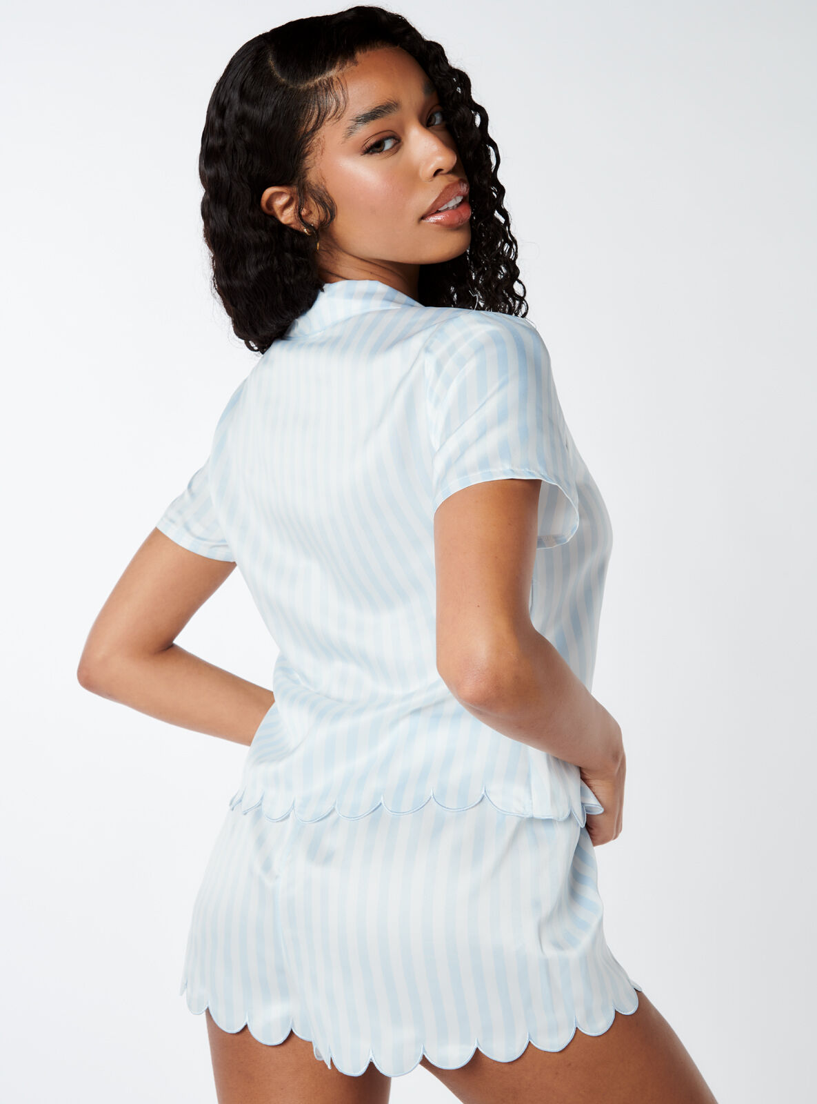 Scallop stripe satin short pyjama set | Powder Blue | Boux Avenue UK