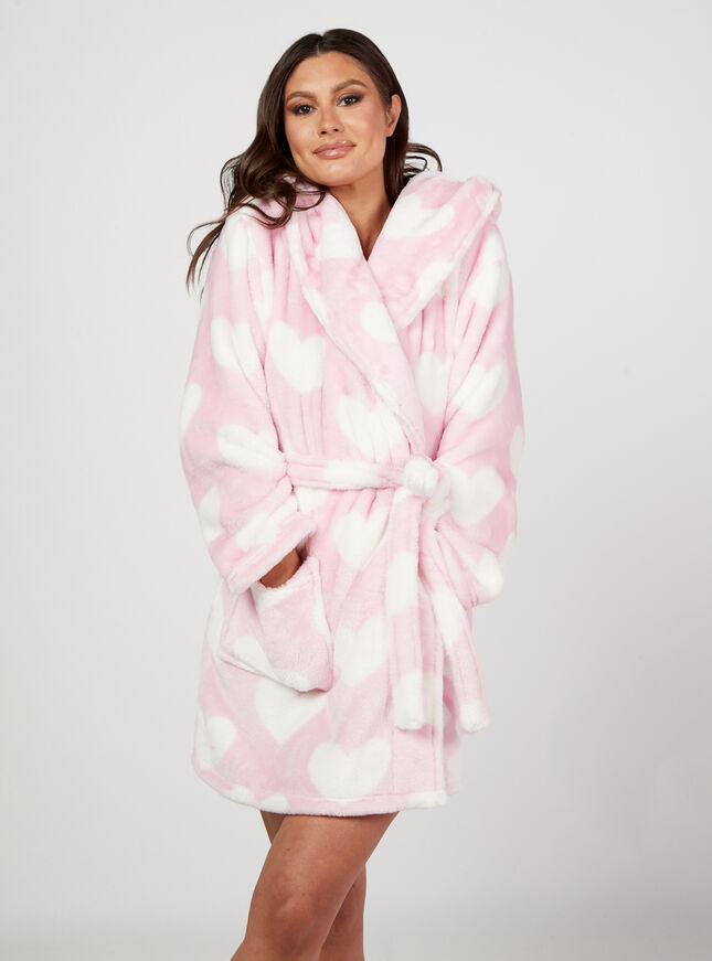 Fluffy Heart Print Short Dressing Gown | Boux Avenue