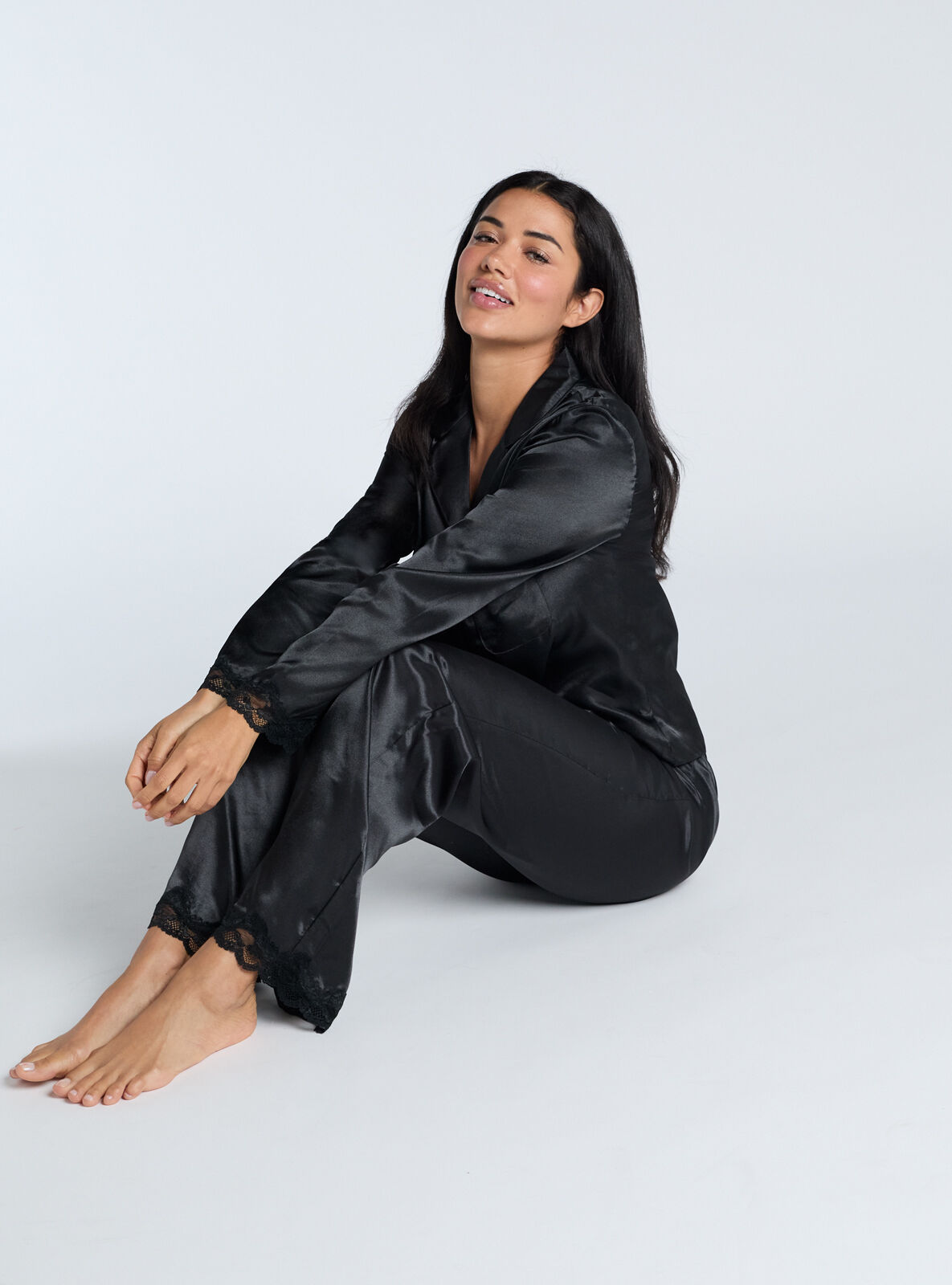 Amelia satin pyjama set | Black | Boux Avenue UK