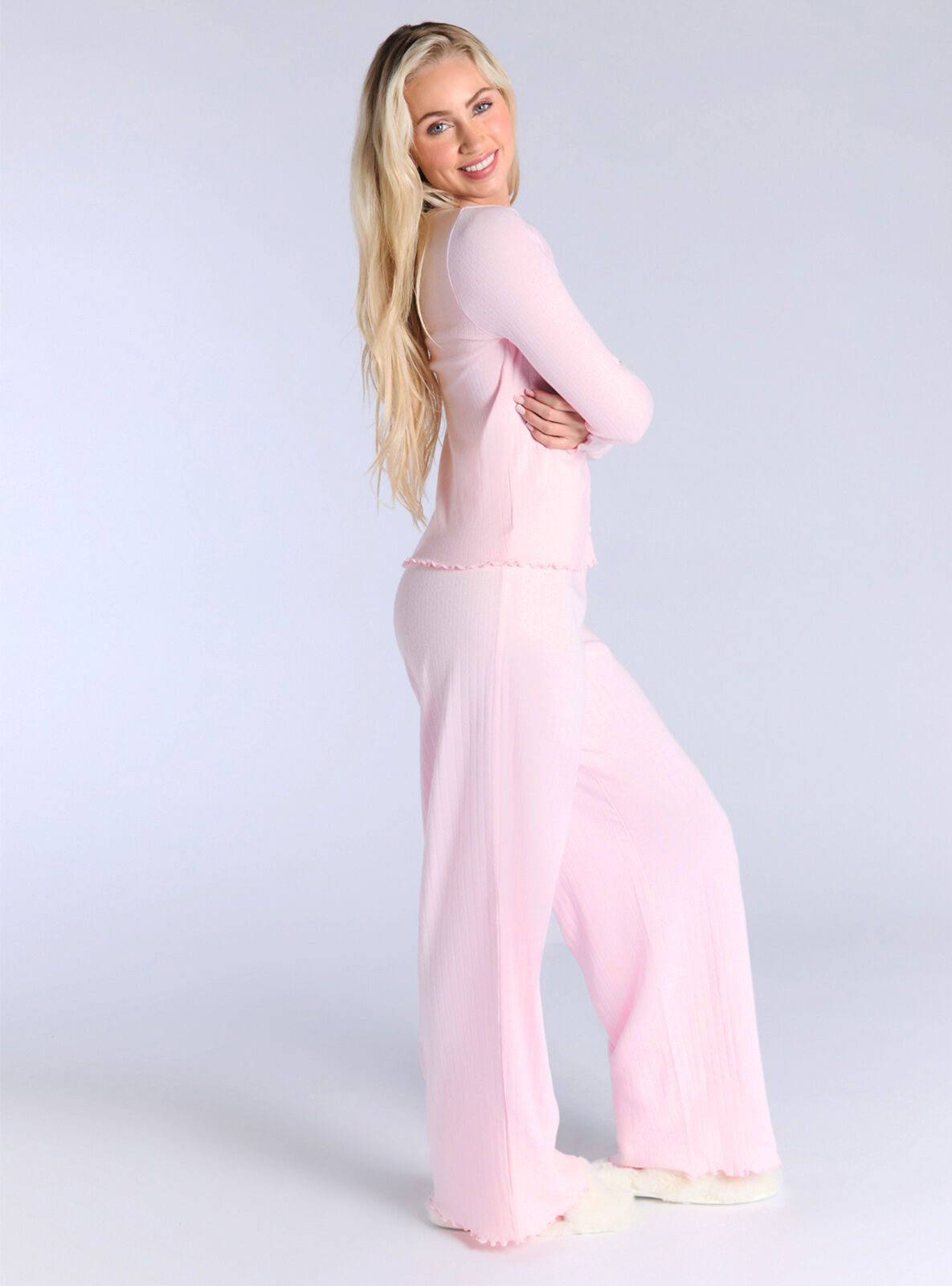 Lettuce edge cotton pointelle pyjama set | Pink | Boux Avenue UK