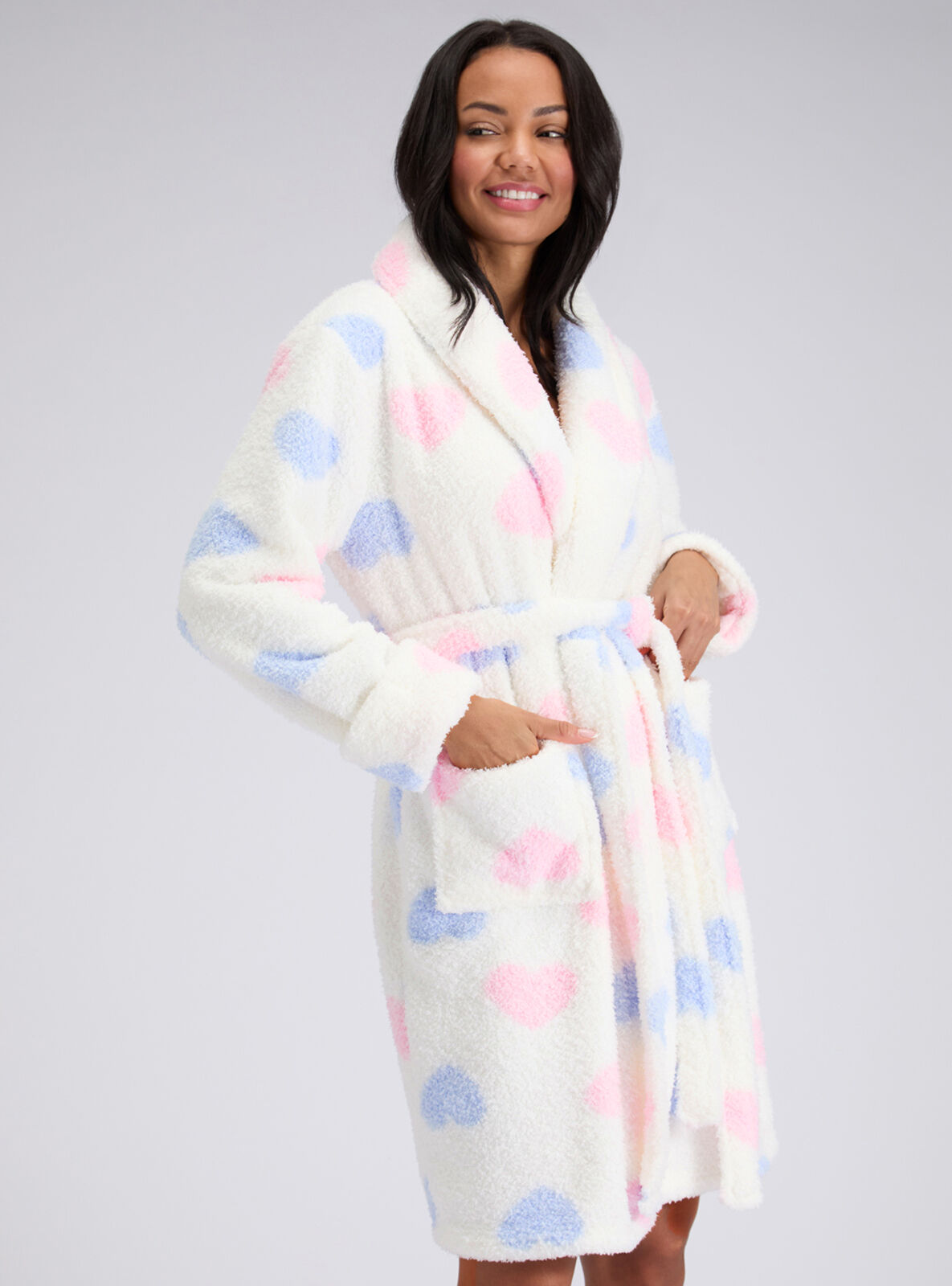 Fluffy boucle heart midi dressing gown | Ivory Mix | Boux Avenue UK