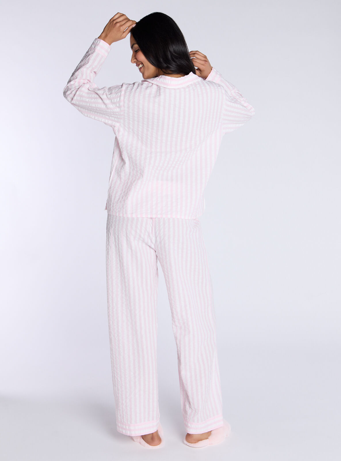 Crinkle stripe cotton pyjama set | Powder Pink | Boux Avenue UK