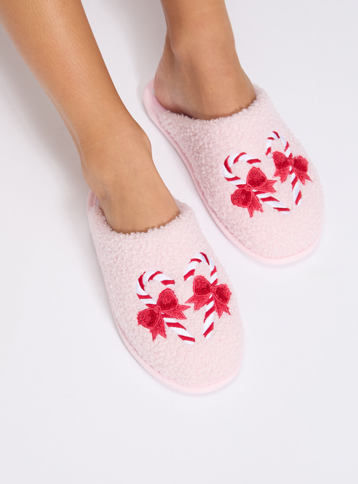 Candy cane embroidered mule slippers | Powder Pink | Boux Avenue UK