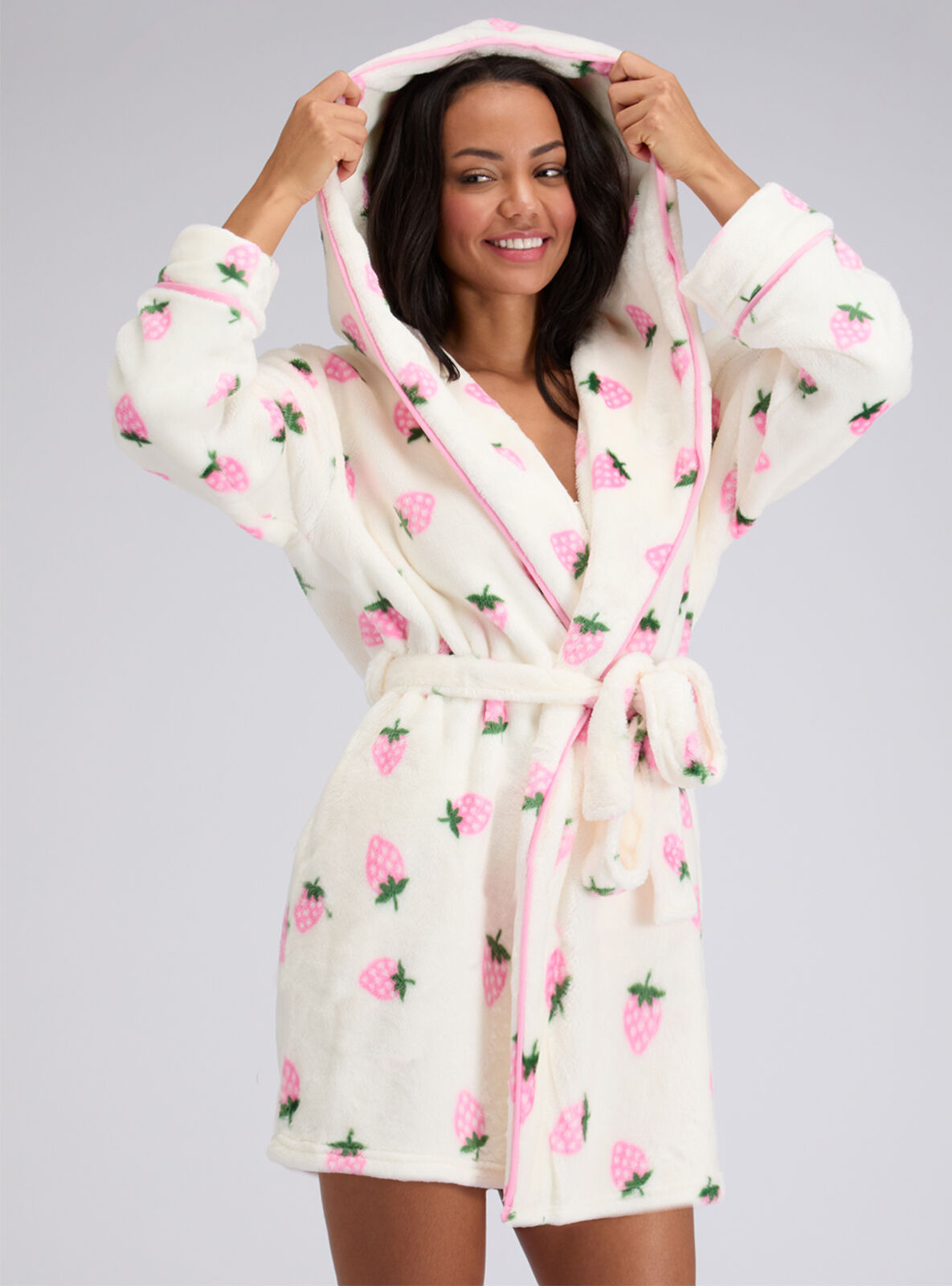Fluffy strawberry short dressing gown | Ivory Mix | Boux Avenue UK